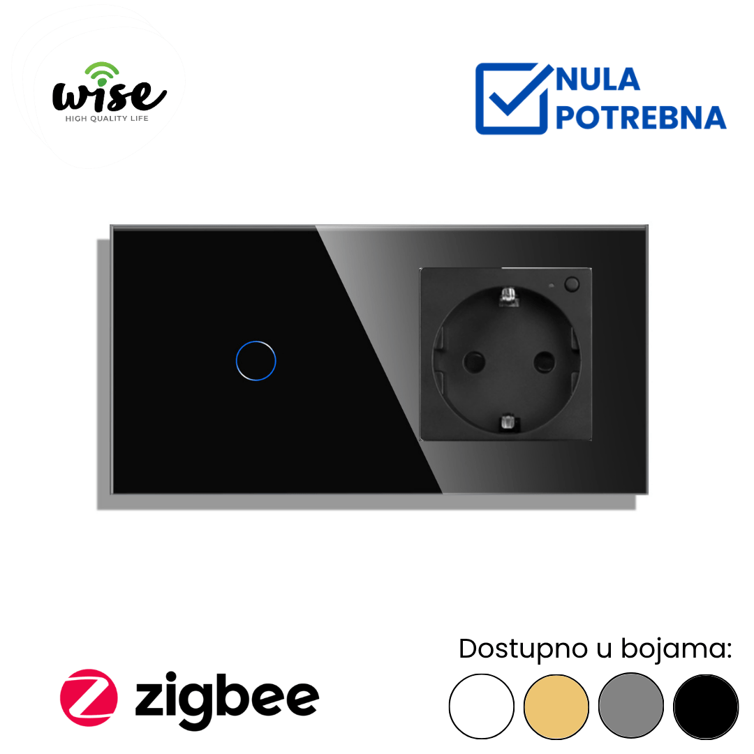 Wise modularni set
Zigbee prekidač 1t + Zigbee utičnica,
stakleni panel