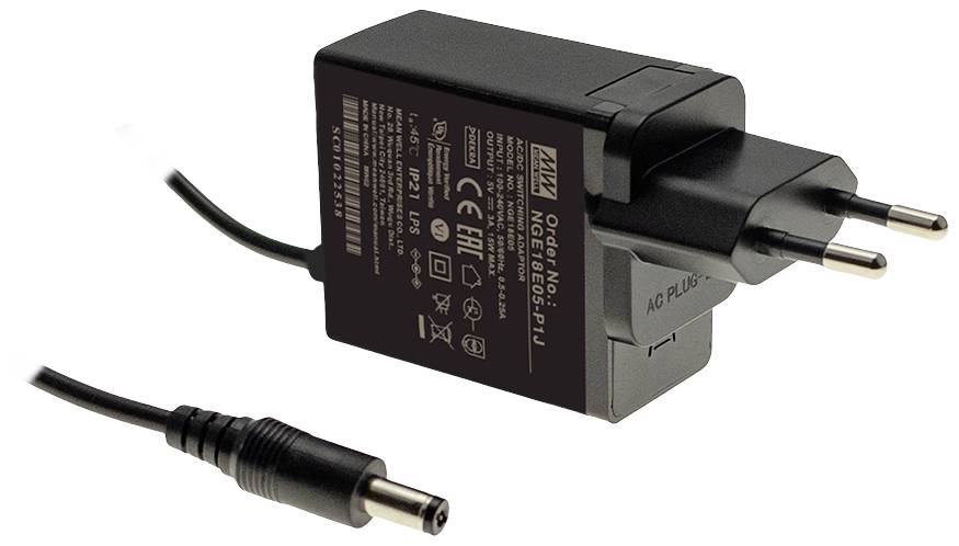 MEAN WELL NGE18E18-P1J adapter za napajanje sa fiksnim naponom 18 W šuplji utikač 5,5/2,1 1 x