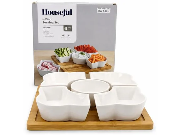 Set za serviranje sa 5 keramičkih posudica i drvenim postoljem, 27×27×6 cm