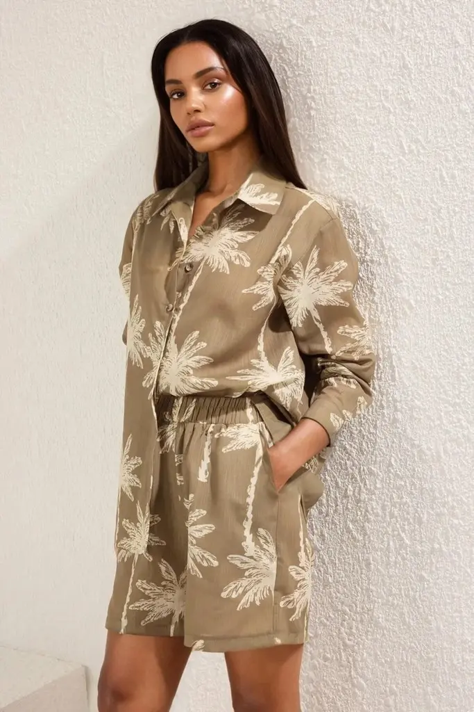 Trendyol Milla ženski set košulja i šorts Twoss25Au00095, Khaki-Khaki