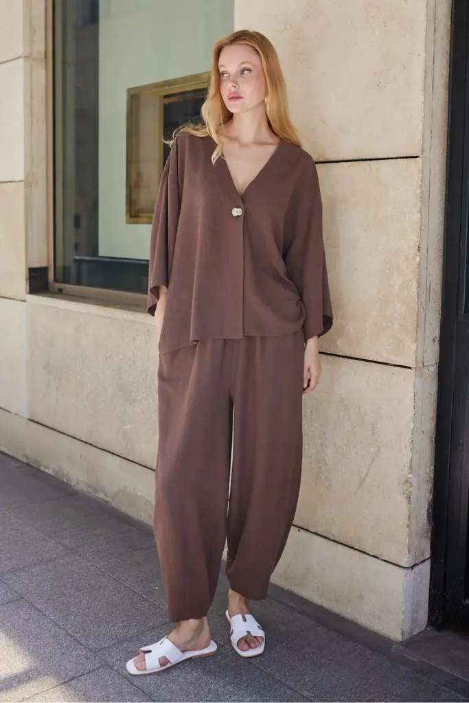 Trendyol Milla ženski set bluza-pantalone Twoaw26Au00072, braon-braon