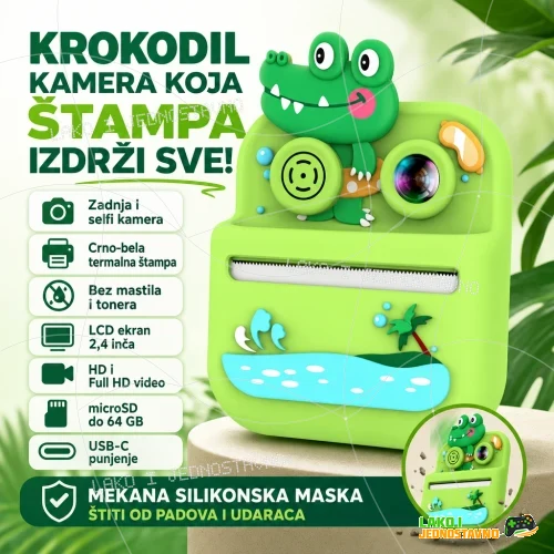 Fotoaparat za decu Krokodil sa štampačem i dve kamere
