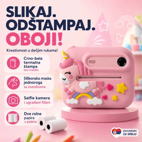 Fotoaparat za decu sa štampačem – maska jednoroga sa zvezdicama