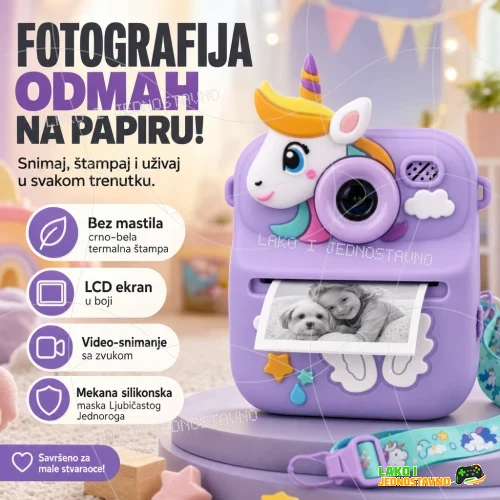 Fotoaparat za decu sa štampačem Ljubičasti Jednorog – video sa zvukom