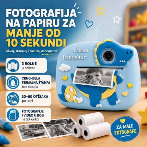 Fotoaparat za decu sa štampačem Plavi Dino – 3 rolne