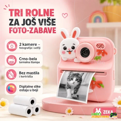 Fotoaparat za decu sa štampačem Zeka – 2 kamere i 3 rolne