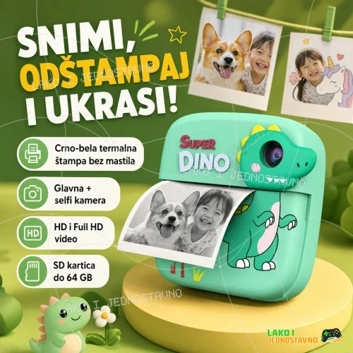 Fotoaparat za decu Super Dino sa štampačem i Full HD videom