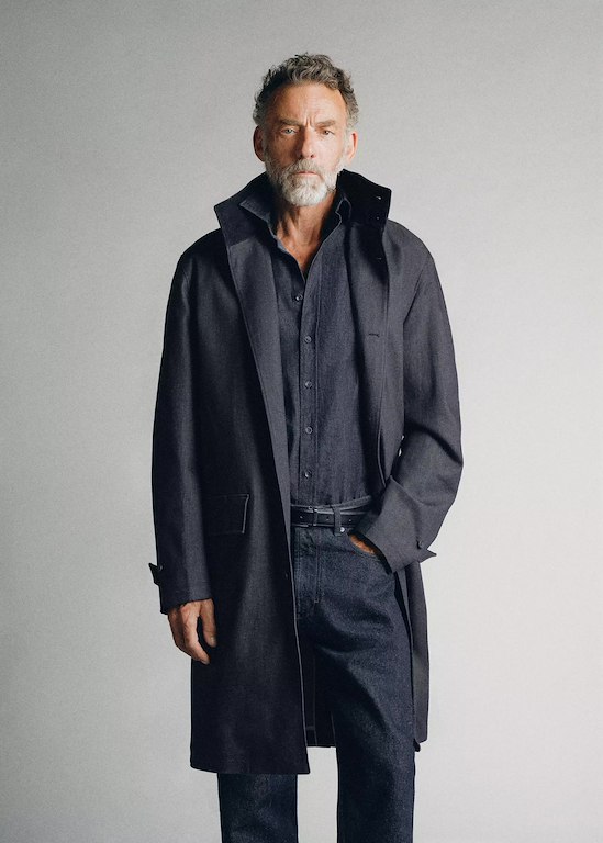 DENIM TRENCH COAT WITH STAND-UP COLLAR