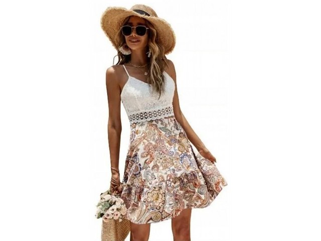 Boho letnja mini haljina sa čipkom i paisley dezenom -S