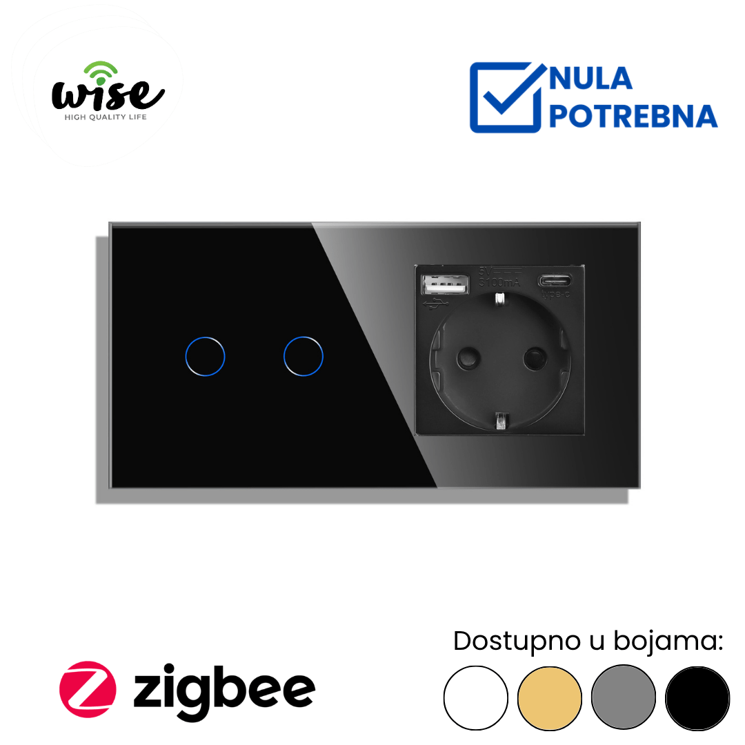 Wise modularni set
Zigbee prekidač 2t + standardna utičnica
sa A/C punjačem, stakleni panel