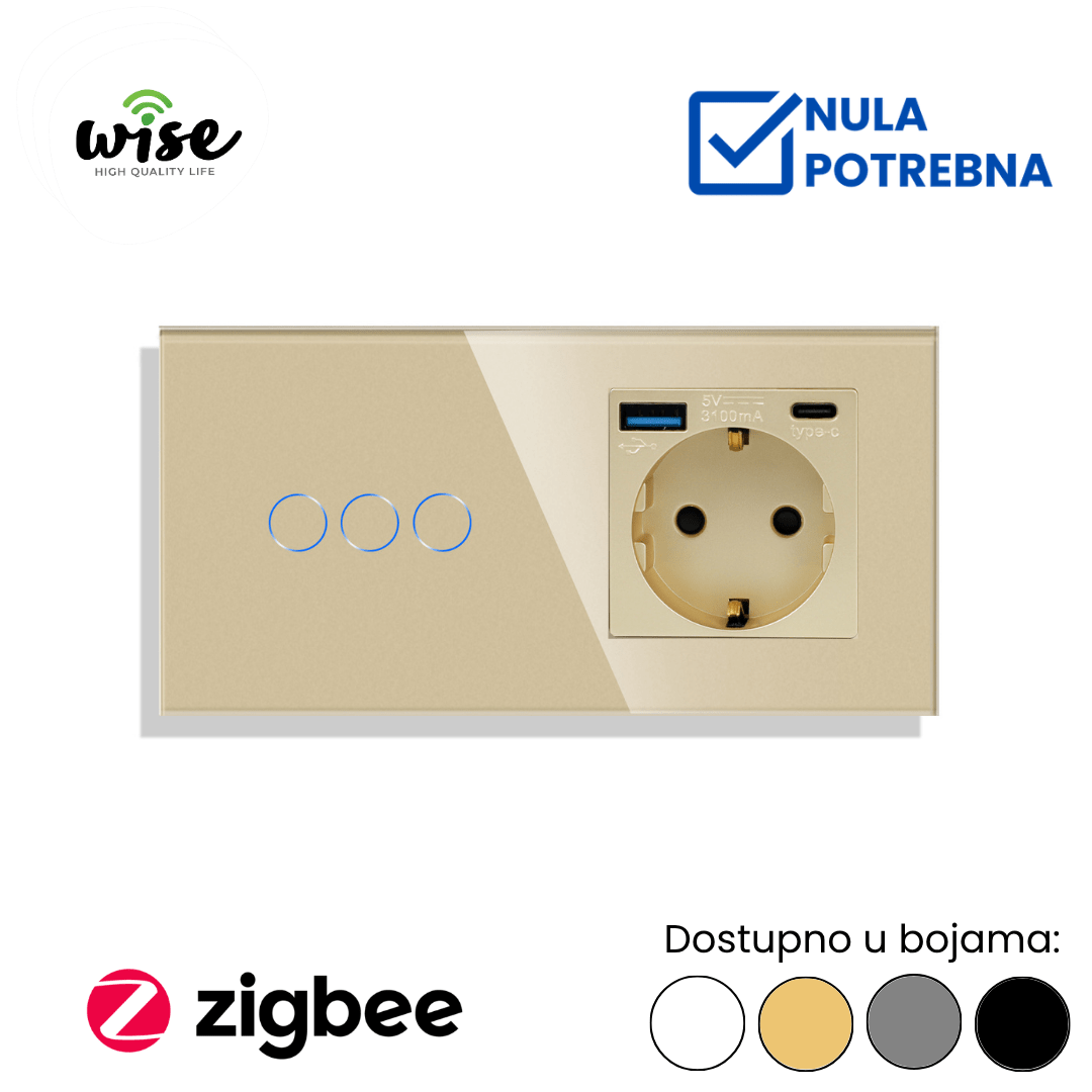 Wise modularni set
Zigbee prekidač 3t + standardna utičnica
sa A/C punjačem, stakleni panel