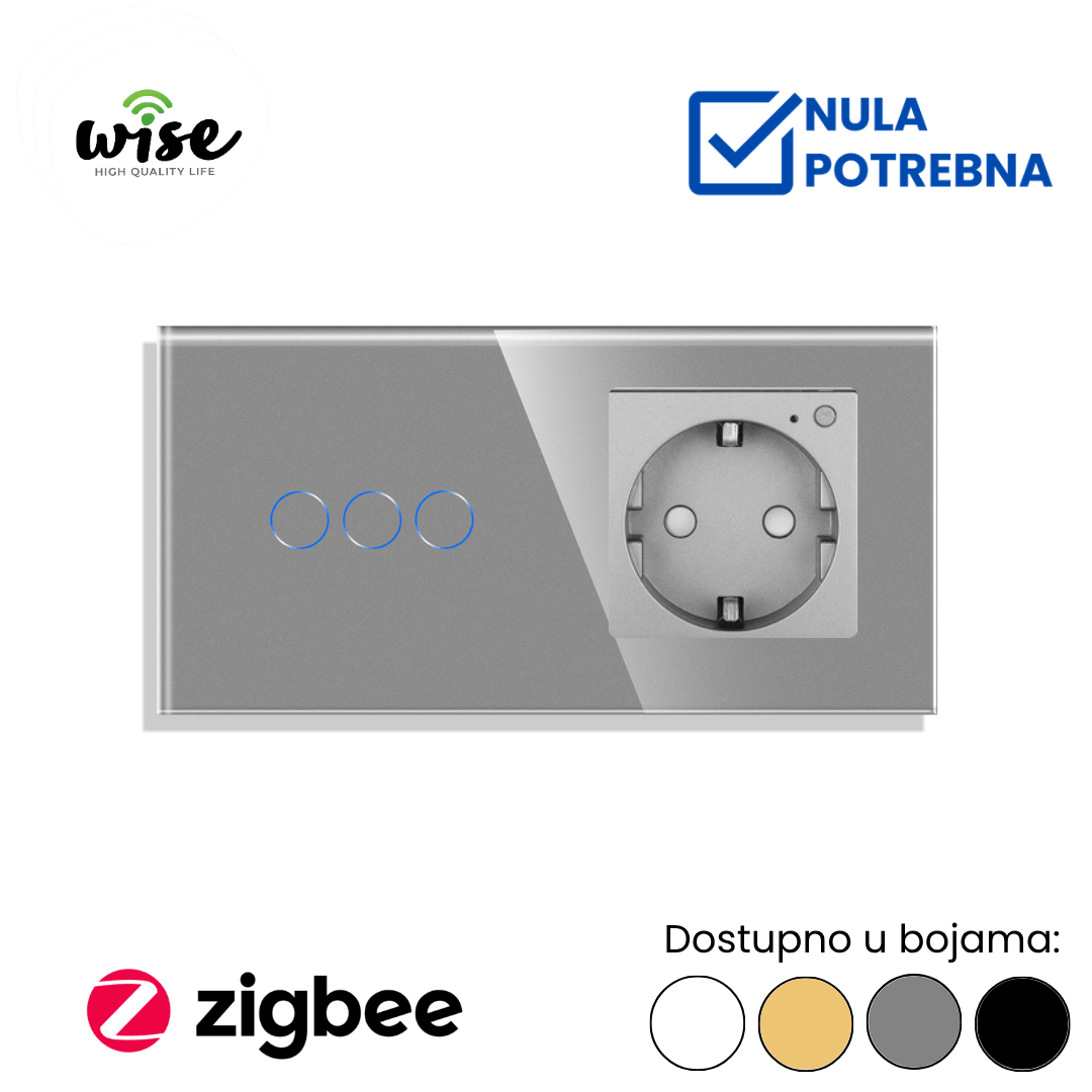 Wise modularni set
Zigbee prekidač 3t + Zigbee utičnica,
stakleni panel