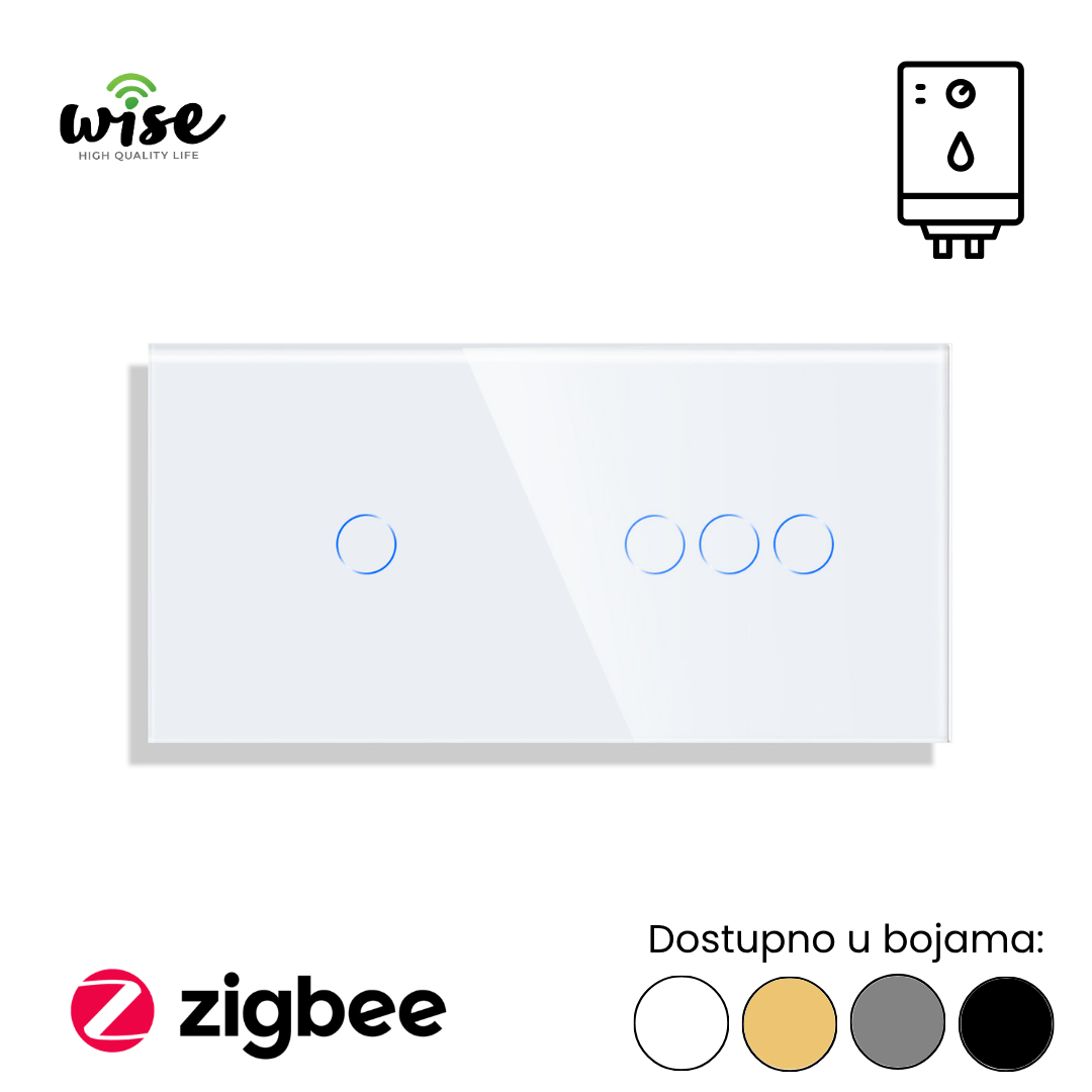 Wise Zigbee set za kupatilo
1 taster (bojler) + 3 tastera (svetlo / ventilator),
staklo bela