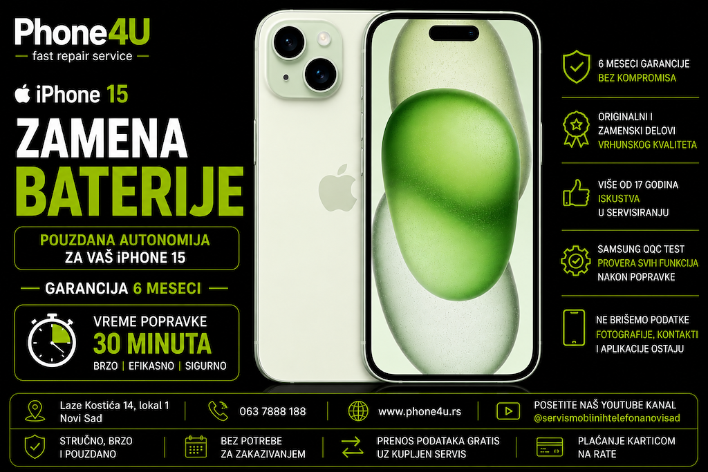 Zamena baterije za iPhone 15 | Phone4U servis