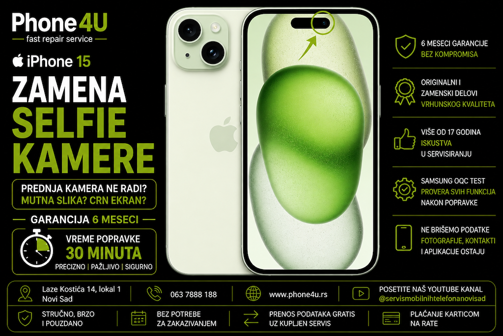 Zamena selfie kamere za iPhone 15 | Phone4U