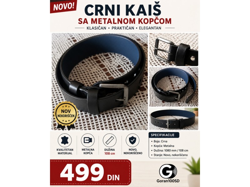 NOV crni kaiš za pantalone – metalna kopča – dužina 108
