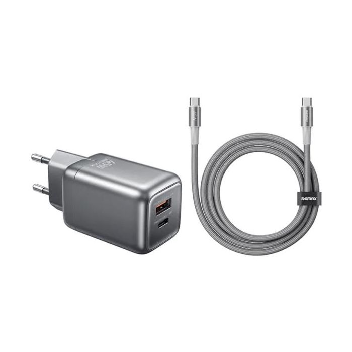 SET:Strujni punjac 45W USB+TIP C+ kabl TIP C na TIP C CA-25, sivi REMAX