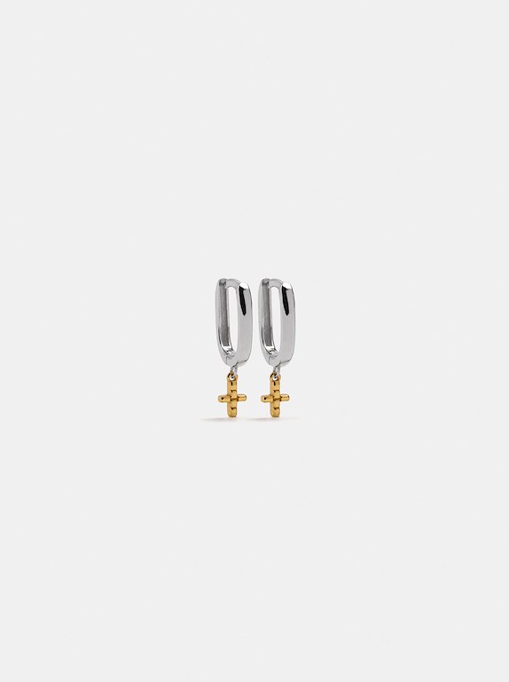 TWO-TONE HOOP EARRINGS WITH CROSS - 925 STERLING SILVER