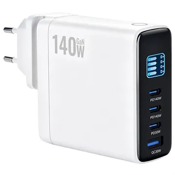 140W GAN WALL CHARGER WITH TFT DISPLAY - 3XUSB-C, 1XUSB-A - WHITE