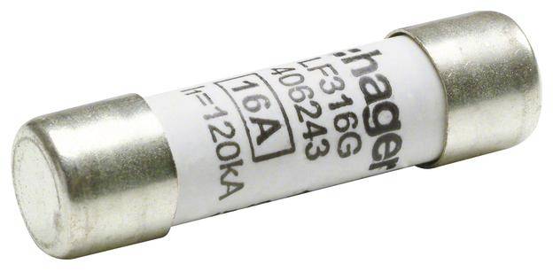 Hager LF316G Model:Ceramic fuse Size:10×38 mm Voltage type:AC (prečnik x dužina) 10 mm x 38 mm 16 A 500 V Release characteristic:Drugo