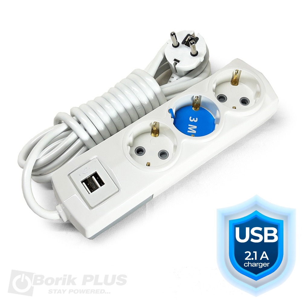PRODUŽNI KABL 3M SA 3 UTIČNICE I USB A+