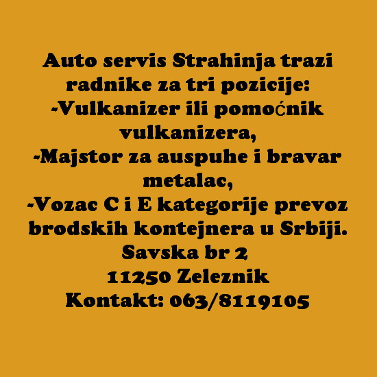 Auto servis Strahinja trazi radnike za tri pozicije