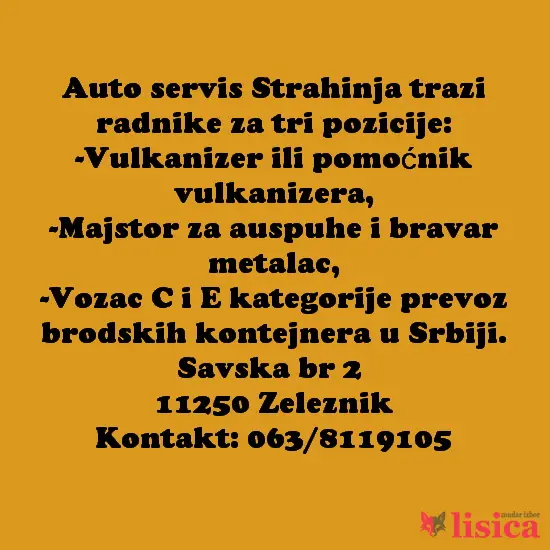 Auto servis Strahinja trazi radnike za tri pozicije