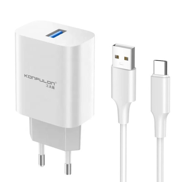 KONFULON Kucni punjac C87 3A sa kablom USB na Type-C beli 1m