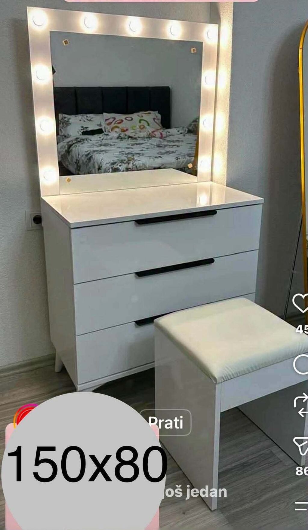 Beli toaletni stočić za šminkanje s velikim ogledalom i ugrađenim LED