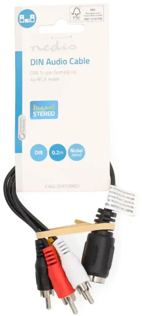 Nedis DIN Audio Kabl CAGL20475BK02, DIN 5-Pin Ženski na 4x RCA Muški, Niklovani Konektori, 0.20m, PVC, Crni
