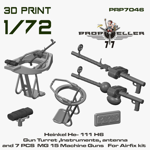 NEW! 77propeller 7046 Heinkel He-111 H-6 - Gun Turret, Instruments, Antenna and 7 pcs MG 15 Machine Guns (for Airfix Kits / 3D-Printed)