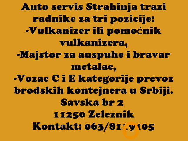 Auto servis Strahinja trazi radnike za tri pozicije