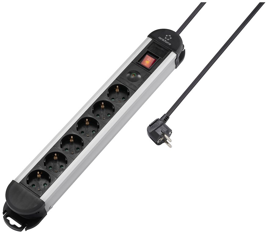 Renkforce RF-6417718 razdelnik – produžni kabl sa prenaponskom zaštitom 6x 5 m 230 V 3680 W crna, aluminijum sa prekidacem