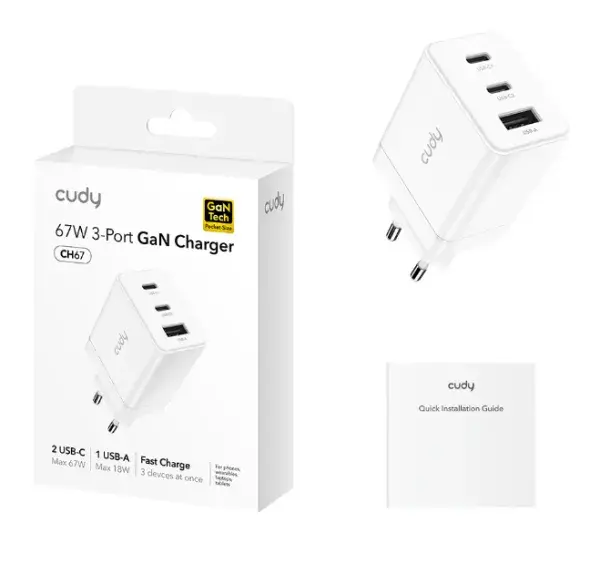 Cudy Brzi punjač za telefone i tablete CH67, EU2xUSB-C, 1XUSB-A, 67W, Beli