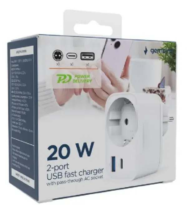 Gembird Punjač TA-ACPDQC20-01-W, 20W, 2-port, USB brzi sa pass-through AC socket-om, Beli