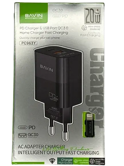 Bavin Punjač PC963Y-PD, 20W, USB-A + Tip-C, Crni + USB-C na Lightning kabl