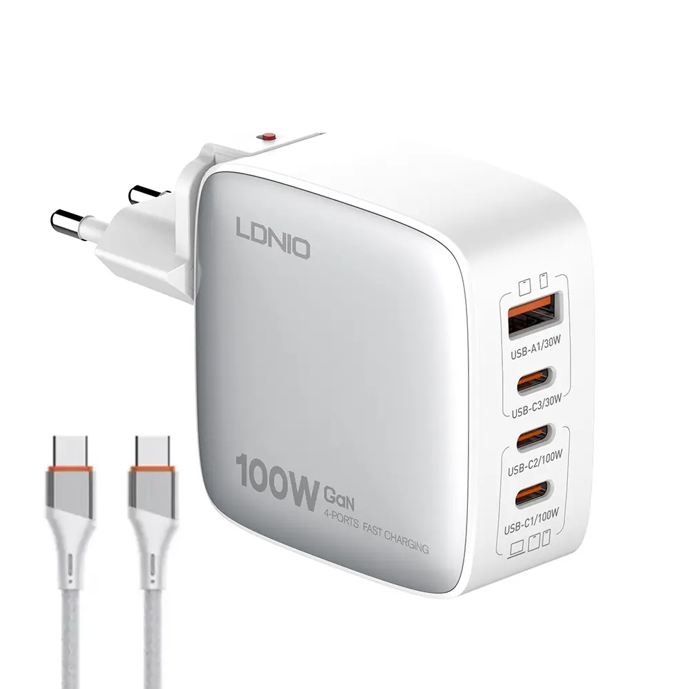 Kućni Punjačsa adapterima Q408 GaN PPS QC3.0 (30W), 3xPD3.0 (100W), 100W Max, sa Type C na Type C kablom, Beli