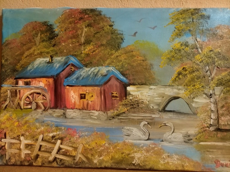 Stari mlin i labudovi 60x40cm ulje na platnu