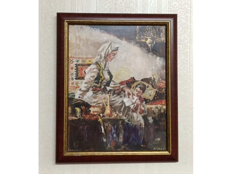Dobre vesti, srpski etno motiv, tempera, uramljeno 36x3