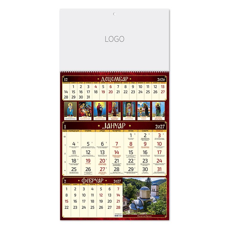 Zidni kalendar: 12 listova, tromesečni, jednodelni