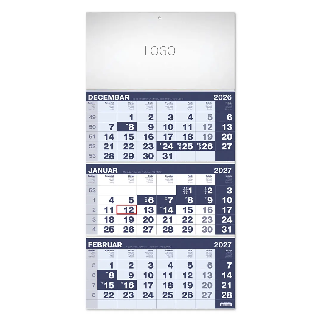 POSLOVNI 17
            Zidni kalendar, 3 x 12 listova, tromesečni, trodelni