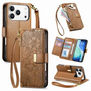 IPHONE 17 PRO MAX/18 PRO MAX FLORAL & LEAF PATTERN WALLET CASE WITH ZIPPER POCKET & WRIST STRAP - BROWN