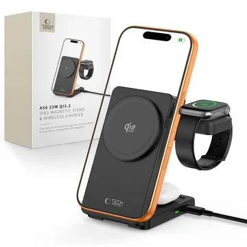 TECH-PROTECT A56 3-IN-1 MAGNETIC/MAGSAFE WIRELESS CHARGER 25W, QI2.2 - BLACK