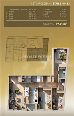 Četvorosoban stan, 97,51 m², Zvezdara, Cvetkova pi