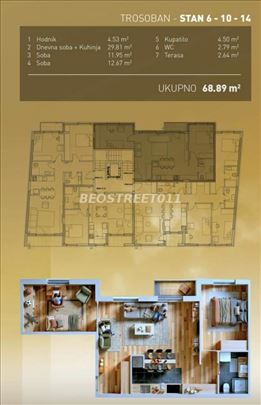 Trosoban stan -Cvetkova pijaca, 68,89 m²