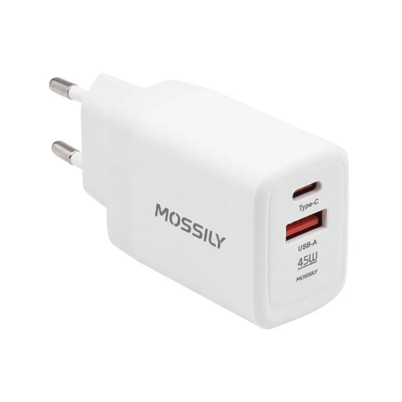 Mossily Punjač JT-G45P, USB-A + Type-C, 45W PD + QC 3.0, Beli
