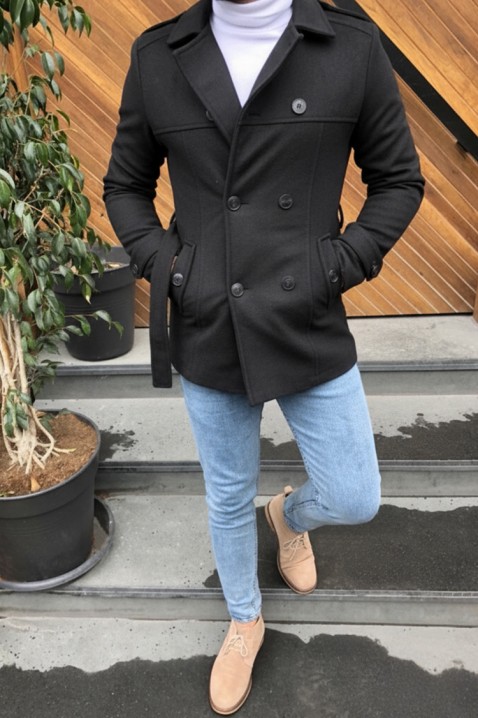 elegantni muški kaput sa klasičnom kragnom sa reverima i dvorednim kopčanjem i kaišem TORONTO BLACK