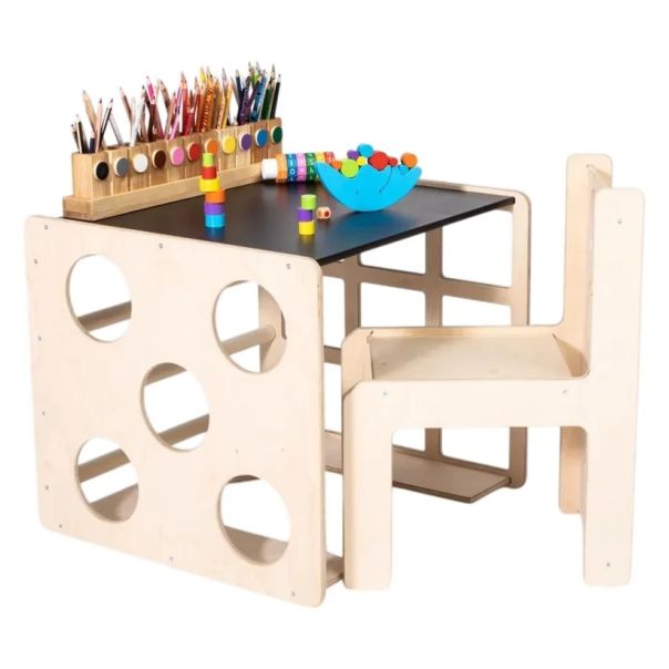 Montesori set 2 u 1 KINDER HOME, dečiji sto sa stolicom i kockom za penjanje, prirodno drvo