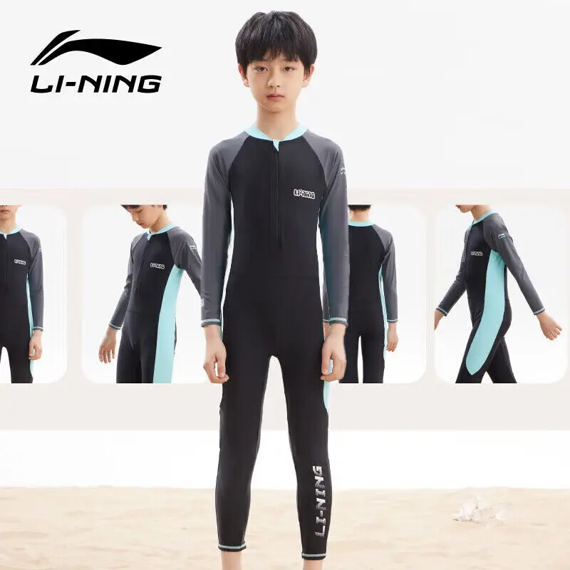 Li-Ning Jednodelni kupaći kostim za dečake, Dugi rukav, Crno-zeleni
