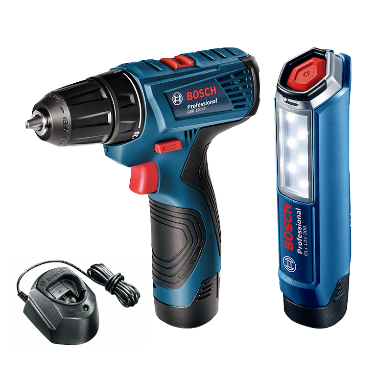 Set akumulatorska bušilica GSR 120-Li i lampa GLI 12V-300 sa baterijama 12V 2Ah i punjačem